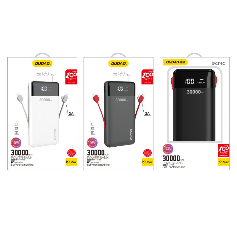 Dudao K1Max 30000mAh power bank with built-in cables white (K1Max-whit ...